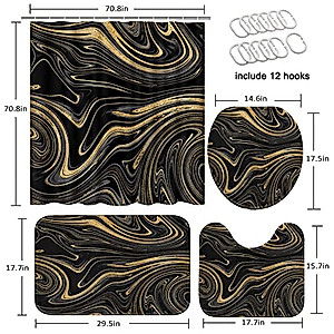 Tayney Marble Shower Curtain Sets with Toilet Lid Cover and Non-Slip Rugs, Black Gold Marbling 4 Pcs Bathroom Curtains Shower Set, Modern Abstract Ancient Art Bathroom Accessories Set with 12 Hooks