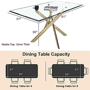 Goderfuu 51 inch Glass Dining Table Set for 4, Modern Dining Room Table with Gold Stainless Steel Base, Contemporary Tempered Glass Rectangle Dining Table, Kitchen Dining Room Tables Dinner Table