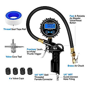 Nilight 50026R Digital Tire Inflator Pressure Gauge,250 PSI Air Chuck and Compressor Accessories Heavy Duty with Rubber Hose and Quick Connect Coupler for 0.1 Display Resolution,2 Year Warranty