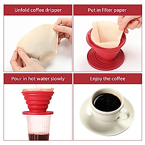 2 Pieces Collapsible Coffee Dripper Easy Red Manual Coffee Brew Maker with 80 Pieces Unbleached Paper Filters Paper Coffee Filter Reusable Silicone Coffee Dripper for Hiking, Camping, Home, Office