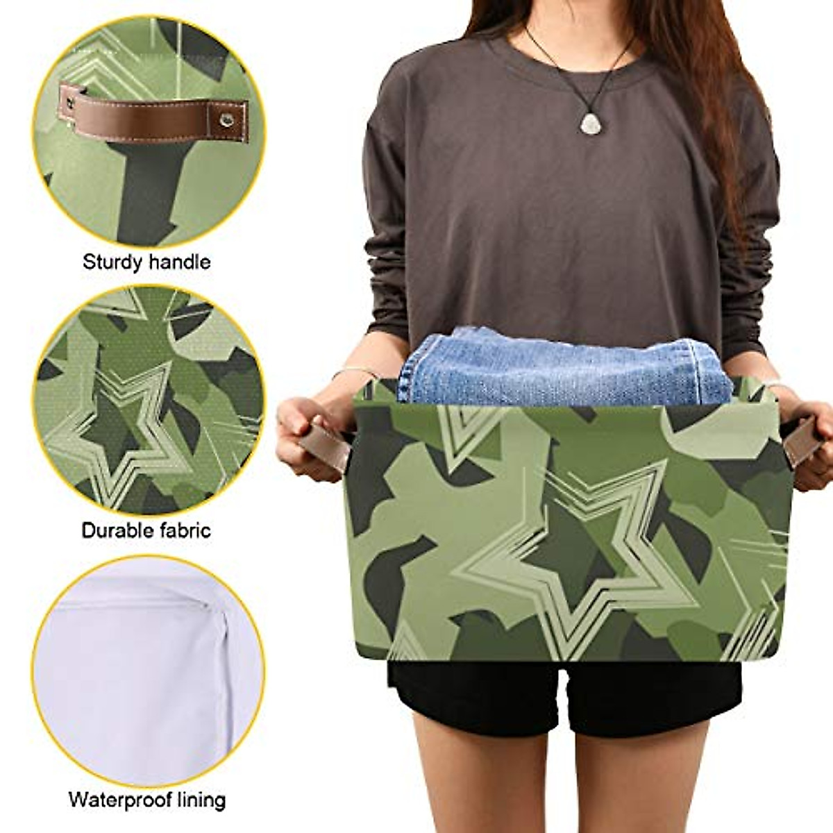 Baofu Large Storage Basket Square Foldable Canvas Laundry Baskets Bin Waterproof Inner Layer with Sturdy Handles for Kids Toy Nursery Blanket Clothes Decorative- Camo Pattern