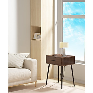 HAIOOU Set of 2 Mid Century Nightstand with Charging Station, End Table Modern Side Table One Drawer with Premium Matte Black Handle and Pine Wood Legs for Home Bedroom Living Room