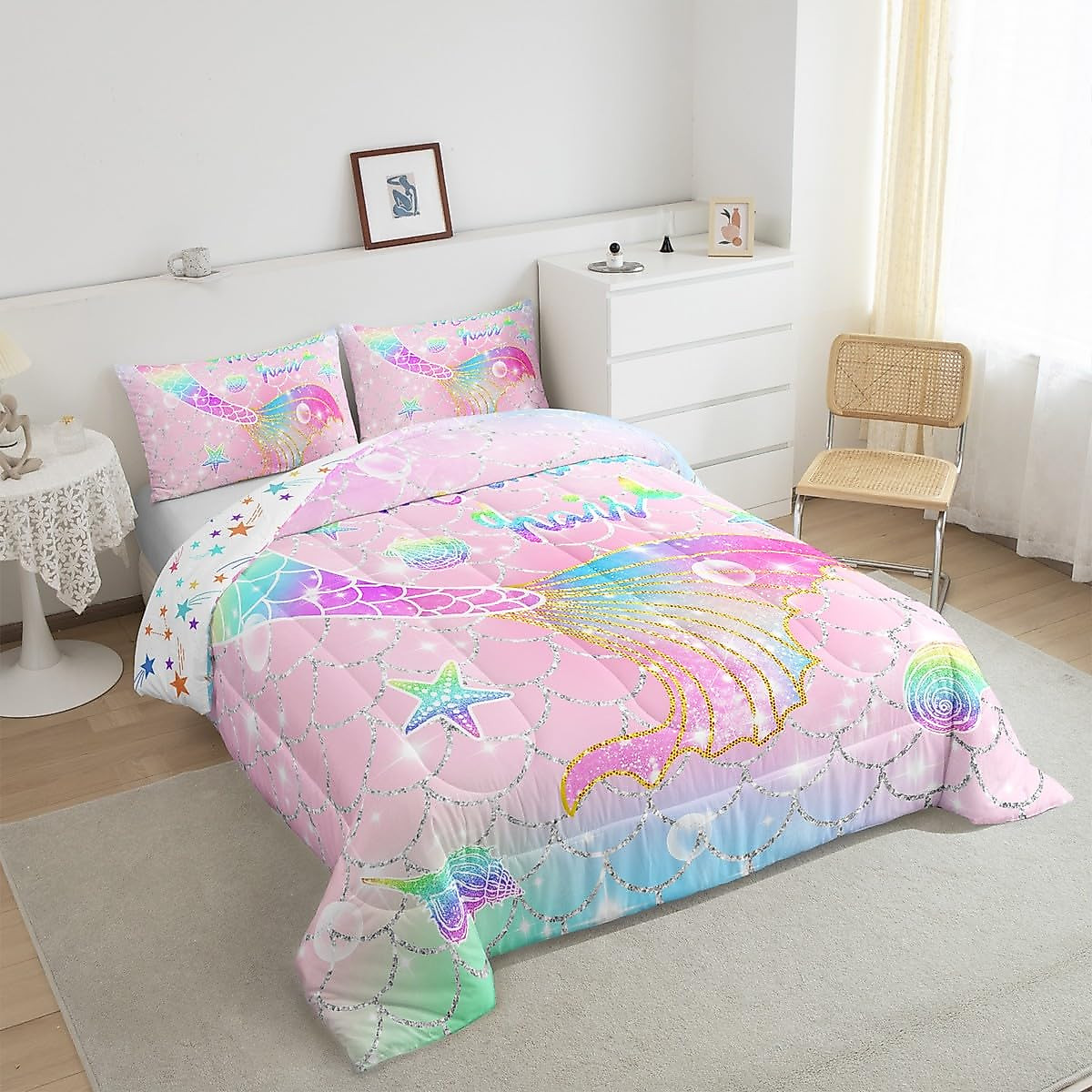 Feelyou Mermaid Comforter Set Twin Size for Kids Girls Rainbow Pink Mermaid Tail Printed Bedding Set Cute Reversible Stars Quilt Bed Set Sparkle Mermaid Fish Scale Bedroom Glitter Decor All Season