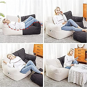 OMKUOSYA Double Bean Bag Chair Lazy Sofa w/Footstool (Cover ONLY, NO Filler) Durable Comfort Lounger High Back Bean Bag Chair Couch for Adults and Kids, Indoor & Outdoor, Beige
