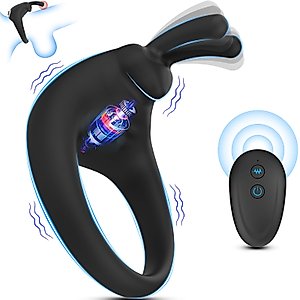Vibrating Cock Ring Sex Toys for Men, Silicone Penis Ring Remote Control Vibrator with 10 Vibrations, POZFUN Bunny Rabbit Shaped Rechargeable Adult Toy for Couples Male Women Clitoral Vibrator