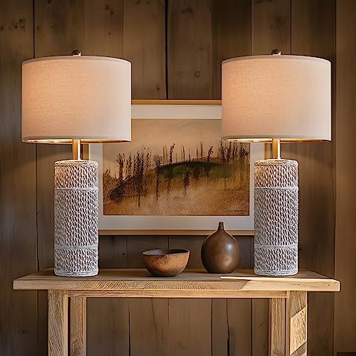 OYEARS 25.5 "Retro Farmhouse Table Lamps Set of 2 Woven Pattern Resin Bedside Lamps Classic Country Washed White Lamp for Bedroom Living Room Home Office