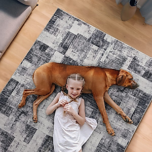 Area Rug Living Room Rugs 8x10 Washable: Indoor Soft Low Shaggy Fluffy Pile Carpet Abstract Decor Large for Bedroom Dining Room Under Kitchen Table Home Office - Gray/Ivory