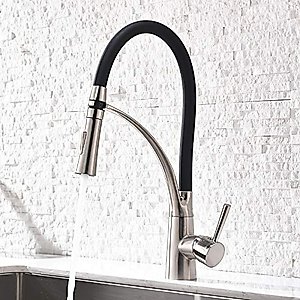 WEITOL Kitchen Sink Faucet for Bar Farmhouse Commercial, Black Rubber Design and Brushed Nickel Kitchen Faucet, Deck Mounted Pull Down Dual Spray Nozzle Mixer Sink Taps