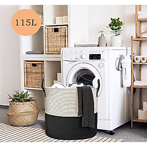 Echueuey 115L Extra Large storage basket with lid, blanket basket with lid for living room,extra large laundry basket,large round basket with lid,wicker basket with lid,Black 21" x 21" x 18"