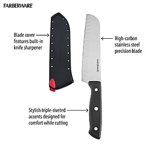 Farberware Edgekeeper Self-Sharpening Triple Riveted Santoku Knife Set, 4-Piece, Black