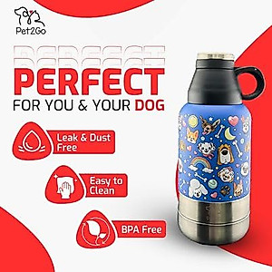 PET2GO Dog Travel Water Bottle (32oz) with Treat Holder & Detachable Bowls | Insulated, Portable Stainless Steel Water Dispenser for Pets | Dog Walking Accessory | Outdoor Dog Beach Gear (Blue)