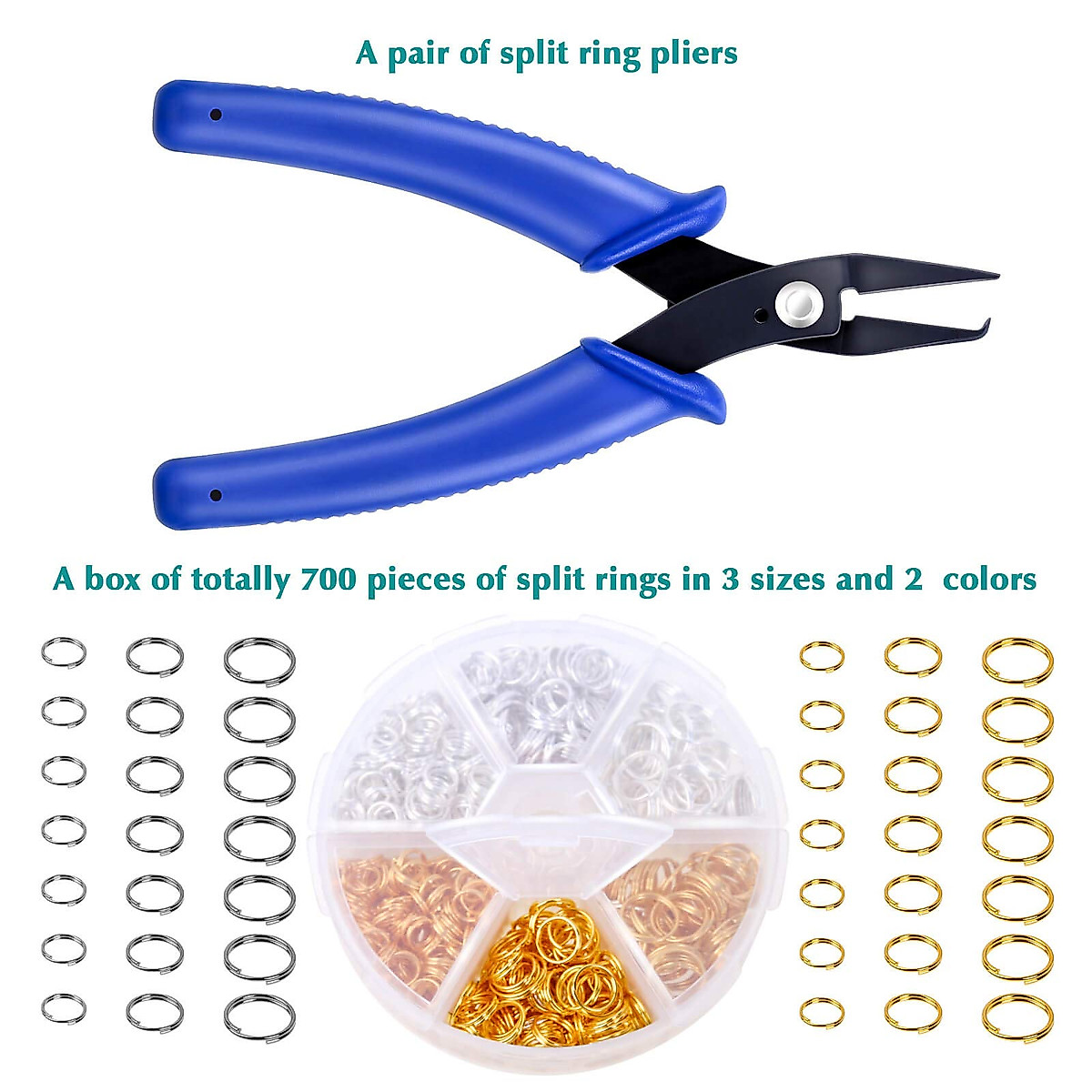 Split Rings for Jewelry Making, Caffox 700pcs Small Split Ring with Split Ring Pliers, Double Closed Jump Rings Craft Jump Loops Opener for Necklaces and Bracelets