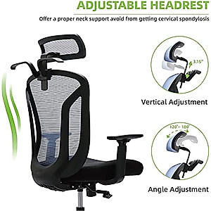High Back Office Chair, Ergonomic Mesh Chair Home Desk Chair Adjustable Headrest, Executive Computer Chair with Hanger and Soft Foam Seat Cushion and Lumbar Support,Blue