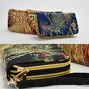 Ethnic Minority Style Double-Sided Embroidered Wallet, Special Peacock Embroidery, Long Zipper, Hand Wallet Mobile Phone Bag (Black)