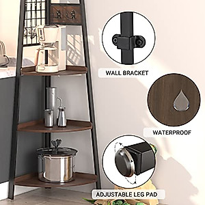 Kingfun 72 Inch Corner Shelf, 5 Tier Tall Corner Bookshelf with Hooks, Wood & Metal Corner Bookcase, Corner Ladder Shelf Decor for Living Room, Bedroom, Bathroom, Kitchen, Home Office (Brown)