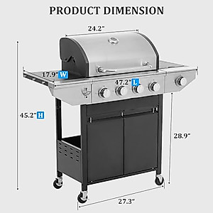 Unovivy 4-Burner Propane Gas BBQ Grill with Side Burner & Porcelain-Enameled Cast Iron Grates Built-in Thermometer, 47,000 BTU Outdoor Cooking, Patio, Garden Barbecue Grill, Black and Silver