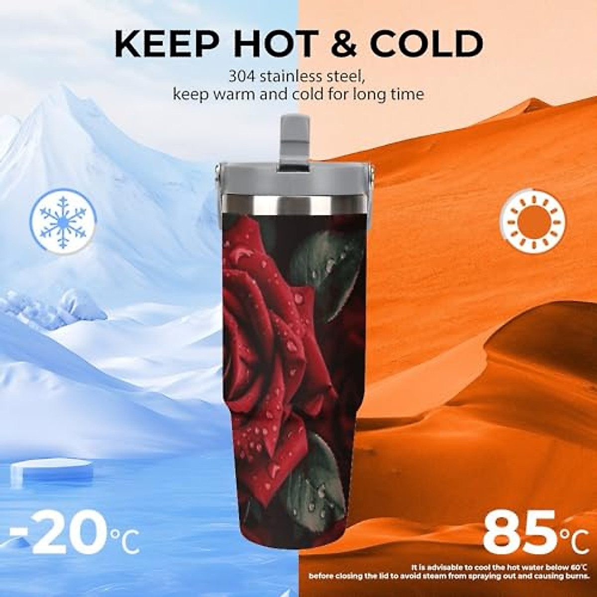 RTFGHJS Red Rose 30 Oz Tumbler with Handle And Flip Straw, Stainless Steel Vacuum Insulated Travel Mug, Thermal Cup for Coffee, Water, Iced Drinks, Fits Car Cup Holders (Home, Sports)