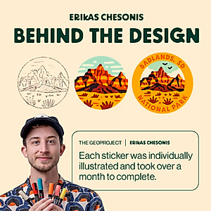 THE GEOPROJECT National Parks Water Bottle with Stickers Kit, Erikas Chesonis Collaboration, Adventure Flask with Straw, Waterproof Stickers for Water Bottle, Insulated Stainless Steel 32oz (Tan)