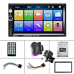CAMECHO 7" Double Din Car Stereo Audio Bluetooth MP5 Player USB FM Multimedia Radio+ 4 LED Mini Backup Camera with Steering Wheel Remote Support Mobile Phone Synchronization (Used in Android/iOS)