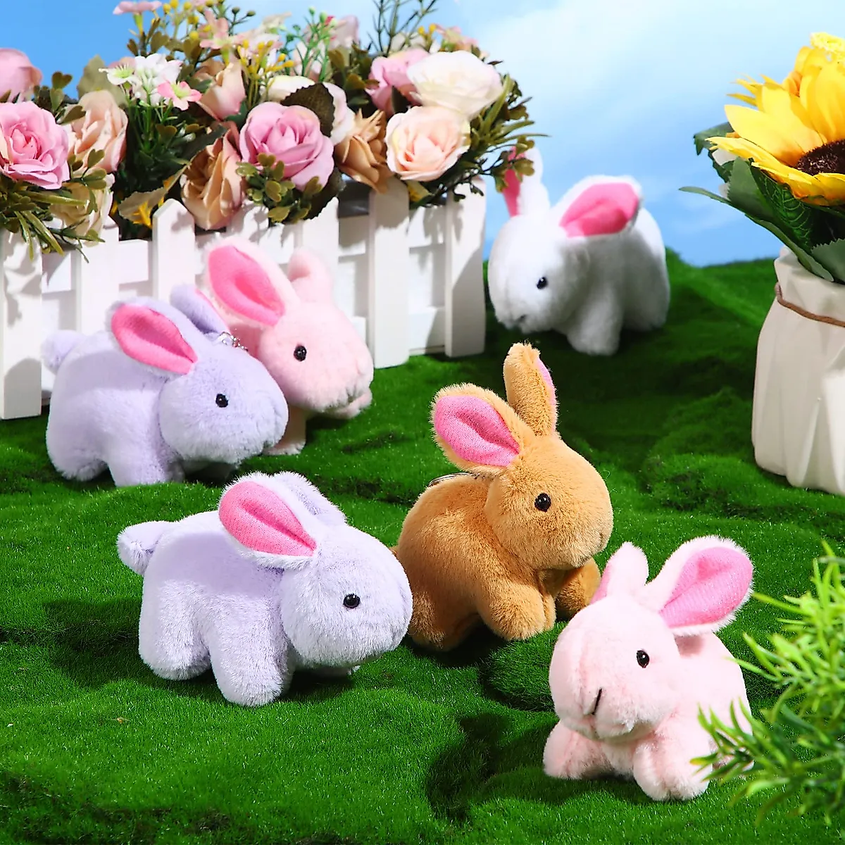 Sratte 16 Pcs Easter Bunny Stuffed Animal Bulk 4.7 Inch Small Plush Rabbit Keychains Detachable Bunny Party Favors Plushies Gifts for Birthday Baby Shower Easter Basket Stuffers Decorations