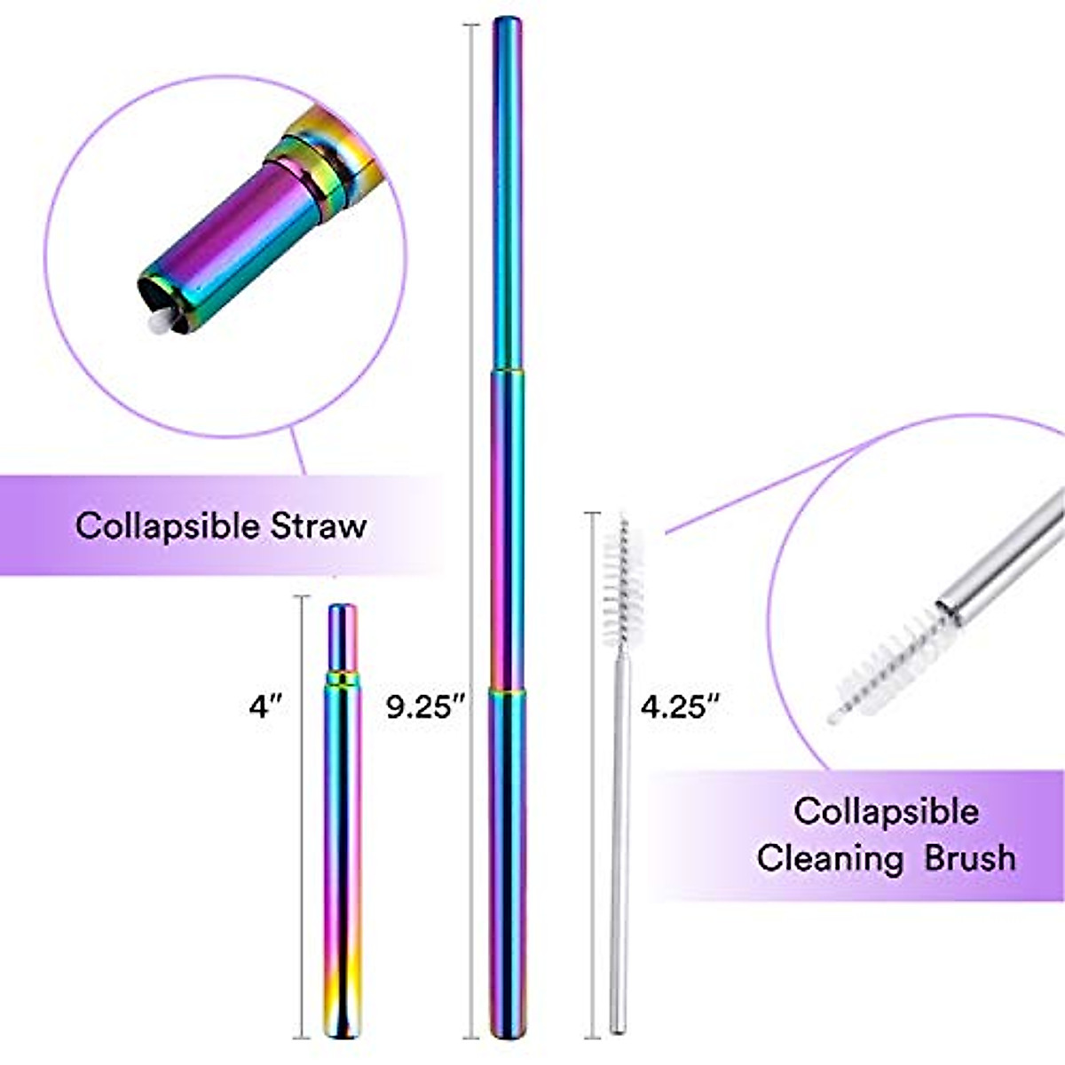 Eco-Pals | Collapsible Straw Travel Straw with Soft Silicone Mouthpiece, Reusable Straws with Case | Stainless Steel Straws Drinking Reusable | Dishwasher Safe | +1 Straw Cleaning Brush (Unicorn)