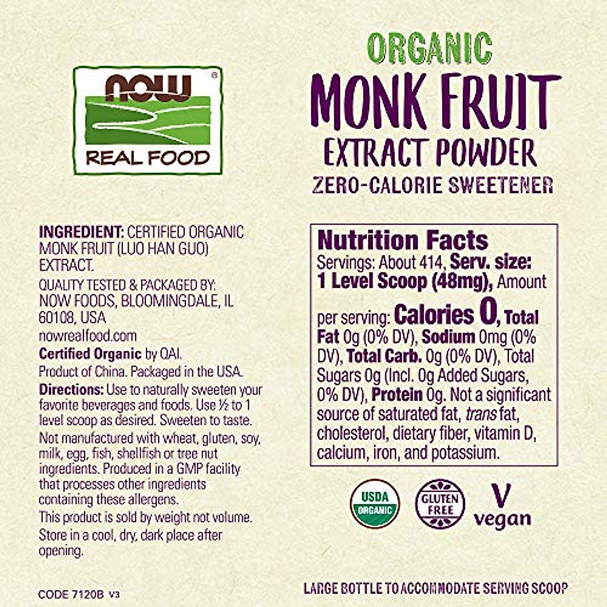 NOW Foods, Certified Organic Monk Fruit Extract Powder, Zero Calorie Sweetener, Large Bottle for Serving Scoop, Certified Non-GMO, 0.7-Ounce