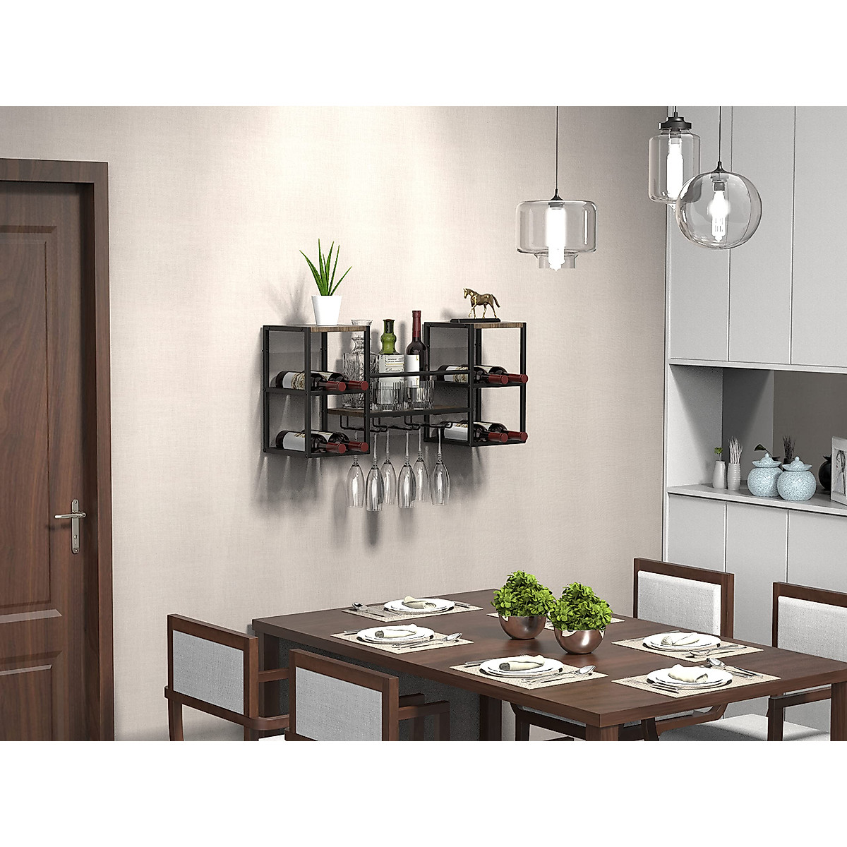 MOOMLIFE Wine Rack Wall Mounted with 3 Stem Glass Holders, Holds 12 Bottles Wine, Liquor Bottle Display Shelf, Elegant Storage for Kitchen, Dining Room