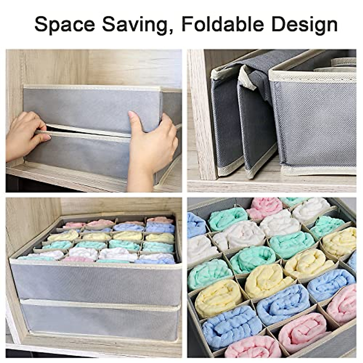 Enyeopd Socks Drawer Organizer 2 Pack,24 Cell Underwear Organizer Foldable Closet Dresser Divider Storage Boxes For Socks,Lingerie, Panties,Baby Clothes, Handkerchiefs, Ties, Belts,Gray