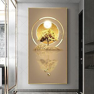 Large Abstract Luxury Entrance Painting Wall Art Picture Modern Golden Tree Deer Posters for Living Room Home Decoration 95x190cm/37x75inch With Golden Framed Ready to Hang