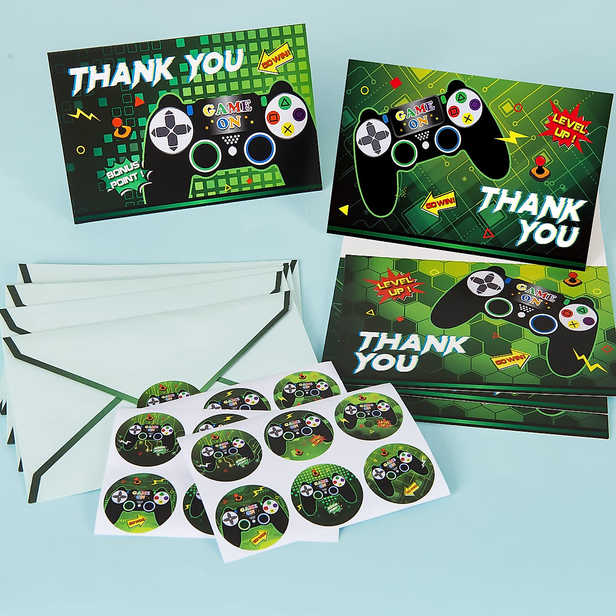 WERNNSAI 24 PCS Thank You Cards Assortment Greeting Cards with Envelopes Stickers Video Game Thank You Cards Fill in Blank Note Cards Gaming Party Supplies for Kids Boys Gaming Theme Birthday Party