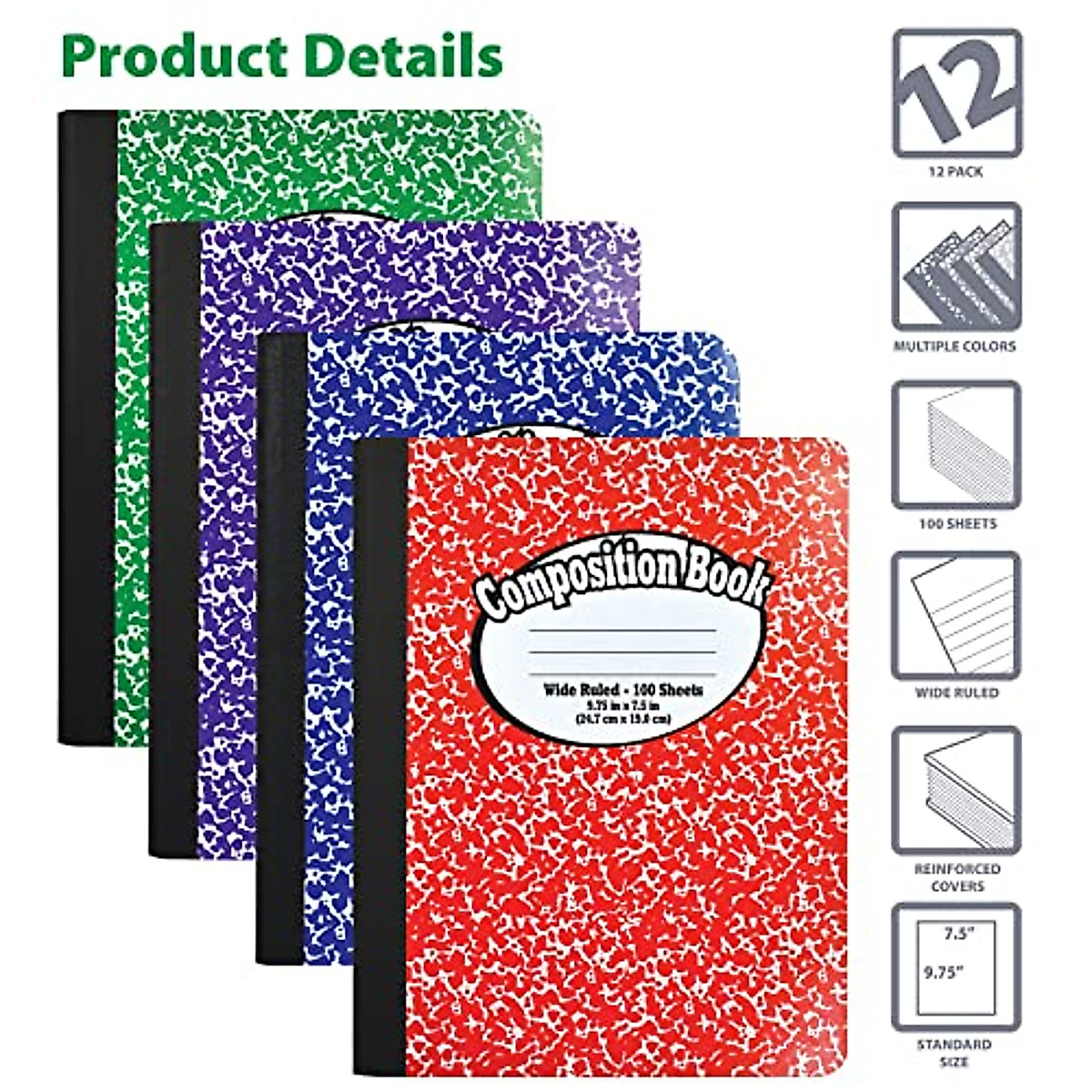 Better Office Products Composition Book Notebook - Hardcover, Wide Ruled (11/32-inch), 100 Sheet, One Subject, 9.75" x 7.5", Assorted Covers: Red, Blue, Green, Purple-12 Pack
