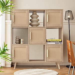 SSLine Boho Rattan 9-Cube Storage Organizer Rustic Wooden Bookcase with 4 Open Cubes & 5 Rattan Door Cabinets Free-Standing Bookshelf Display Cube Shelves for Living Room Home Office