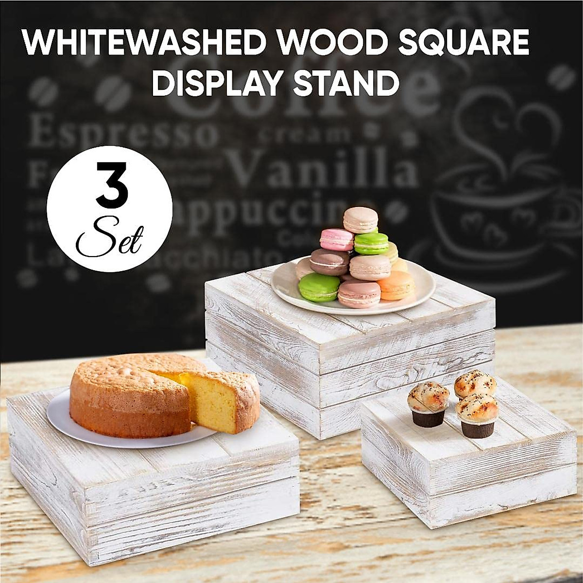 3 Pcs Whitewashed Square Wood Display Stand , Crate Style Cake Stand , Risers for Cupcake , Appetizer Dessert Rustic Cupcake Stand , Stackable Wood Cake Stand , Risers for display , Plant Riser.
