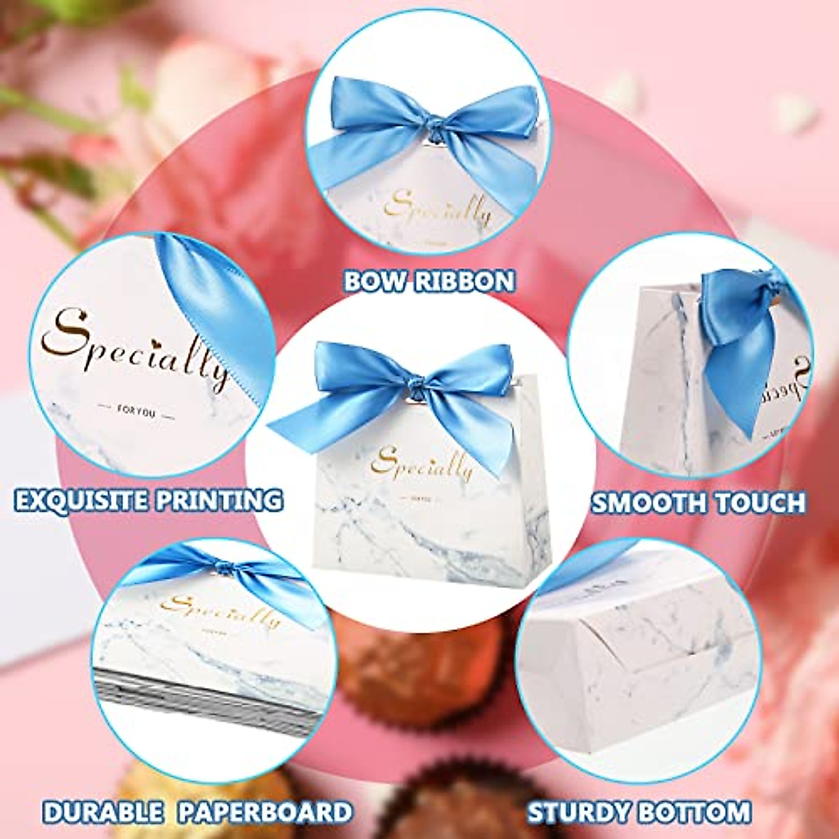 80 Pack Small Thank You Gift Bags Boxes Mini Party Favor Gift Bags with Bow Ribbon Treat Boxes Mini Paper Bags for Wedding Baby Shower Party Bridesmaid Celebration (Blue Ribbon, Stylish Style)