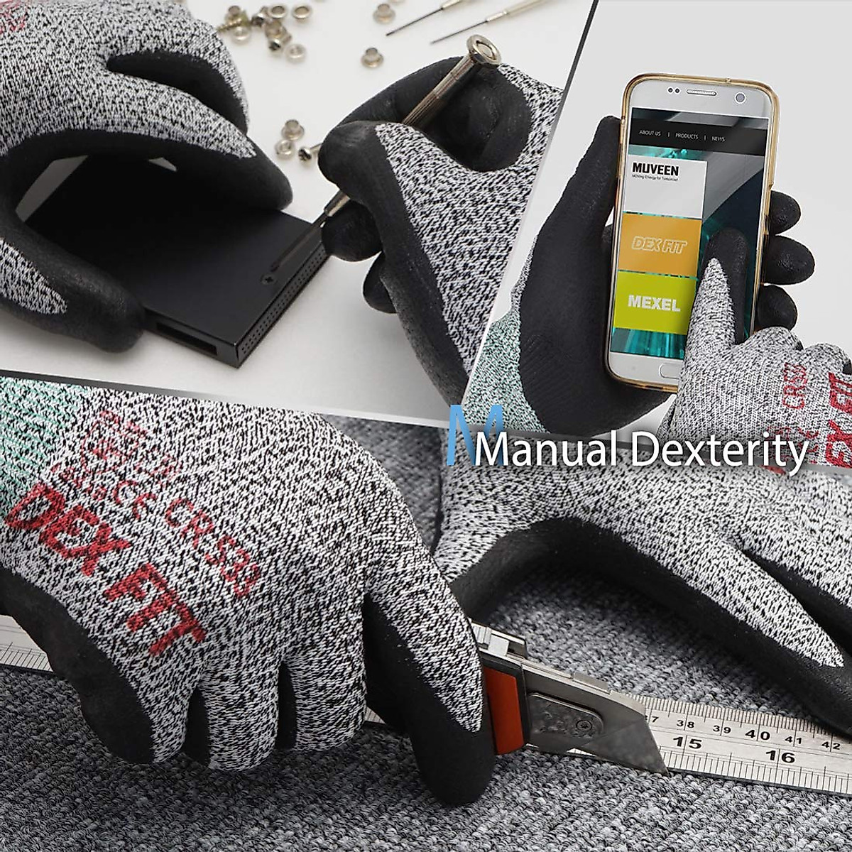 DEX FIT Level 2 Cut Resistant Gloves CR533 - Firm Non-Slip Grip; Thin & Lightweight; Durable & Foam Coated; Soft & 3D-Comfort Fit; Washable; Grey 8 (M) 1 Pair