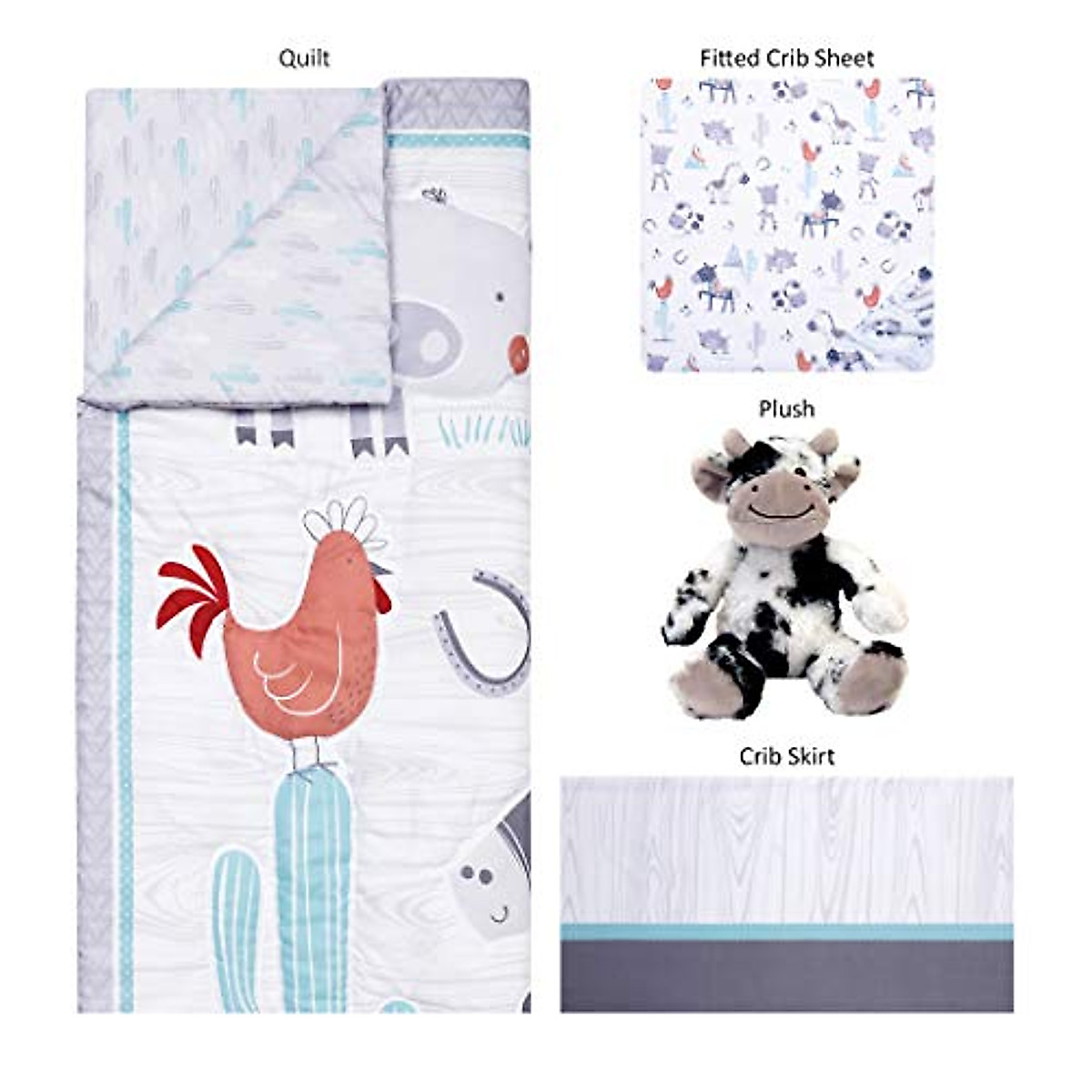 Sammy & Lou Farmstead Friends 4-Piece Baby Crib Bedding Set, Includes Quilt, Fitted Crib Sheets Neutral, Crib Skirt, and Plush Toy