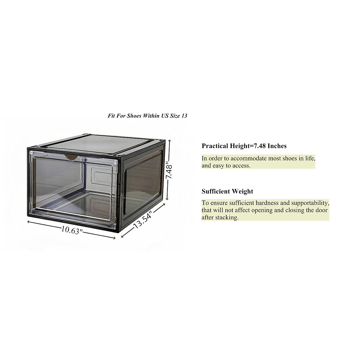 JECCICHY 10 Pack Black Shoe Storage Boxes Stackable, Plastic Shoe Boxes with Lids, Sneaker Storage, Transparent, Thick Hard, Drop Front Door, Within US Size 13, Size: 13.54”x10.63”x7.48”