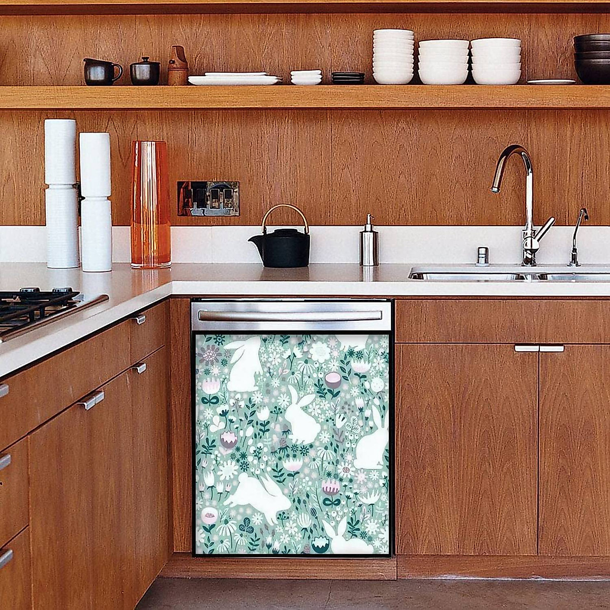 Dishwasher Magnet Cover Seamless from Silhouettes of Rabbits and Wildflowers Hand Drawn Magnetic Refrigerator Stickers Decorative Appliance Cover Fridge Panels Metal Door Garage 23"Wx26"H