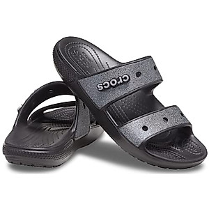 Crocs Unisex Classic Graphic Two-Strap Slide Sandals, Black/Black, 9 US Women