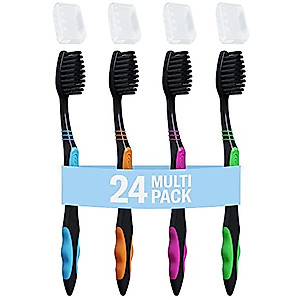 24 Count Charcoal Toothbrushes - Deepest Clean Black Charcoal Infused Soft Bristle Toothbrush Bulk Set - Colored Individually Wrapped Disposable Tooth Brush Pack for Travel, Kids, Family, Dental Care