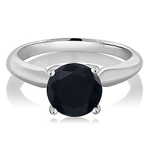 Gem Stone King 925 Sterling Silver Black Onyx Solitaire Engagement Ring For Women (1.65 Cttw, Round 8MM, Gemstone Birthstone, Available In Size 5, 6, 7, 8, 9)