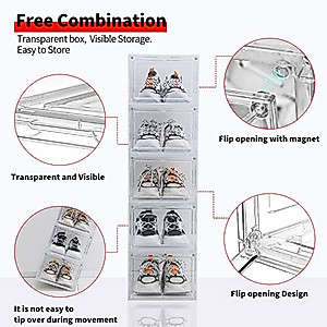 Kenyatta Shoe Storage,6 Pack Shoe Boxes Clear Plastic Stackable,Shoe Organize,(Black) For Sneaker Display,Easy Assembly,Fit up to US Size 12(13.4”x 10.6”x 7.4”), (Clear)