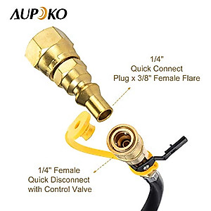 Aupoko 1/4'' LP Quick Connect Fitting, Propane Quick Connect Adapter Fitting, Low Pressure RV Propane Propane Hose Quick Disconnect, 1/4" Quick Connect Plug x 3/8" Female Flare for Grill, Heater