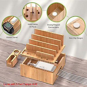 Pezin & Hulin Bamboo Multiple USB Charging Station for Phones and Tablets, All-in-one Organizer Dock for Watch, Earbuds - with 6 Cables, 5 Ports Hub Charger