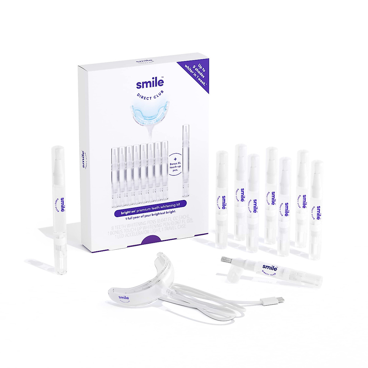 SmileDirectClub Teeth Whitening Kit with LED Light - 9 Pack Gel Pens - Professional Strength Hydrogen Peroxide - Pain Free and Enamel Safe - Up to 9 Shades Whiter in 1 Week