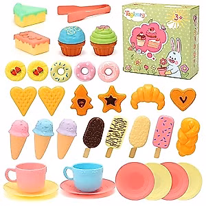 Tagitary Tea Party Set for Little Girls, 32 PCS Toys Tea Set Kids Pretend Play Toys, Including Dessert, Ice Cream, Donuts, Cups &Plates, Princess Tea Time Play Food Toy Birthday Gift for Toddlers