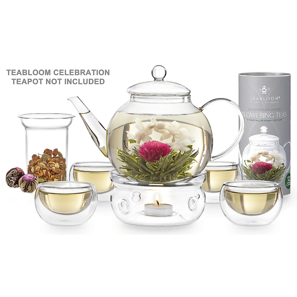 Teabloom Flowering Tea - 12 Unique Varieties of Fresh Blooming Tea Flowers - Hand-Tied Natural Green Tea Leaves & Edible Flowers - 12-Pack Gift Canister - 36 Steeps, Makes 250 Cups