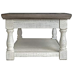 Signature Design by Ashley Havalance Farmhouse Lift Top Coffee Table with Fixed Shelf and 2 Hidden Storage Trays, Gray & White with Weathered Finish
