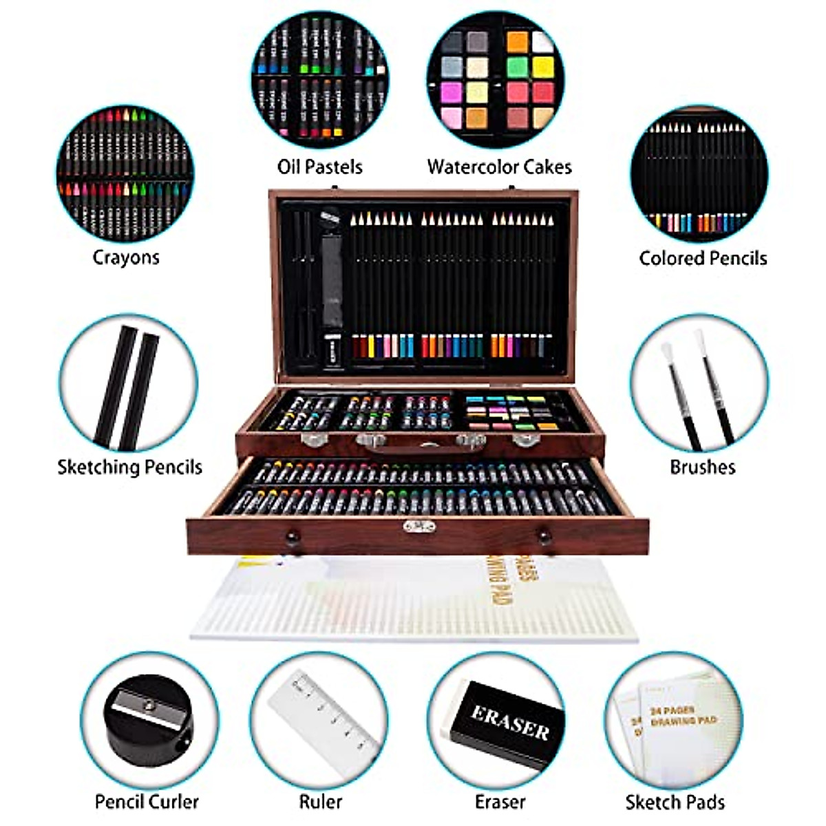 Art Supplies, Tanmit 141-Piece Deluxe Art Set Painting Drawing Kit with Artist Sketch Pad, Oil Pastels, Colored Pencils, Crayons, Watercolor Cakes, Wooden Art Box for Adults Beginners