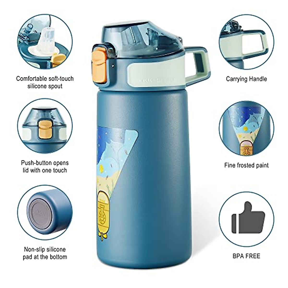Kids Water Bottle 16 oz Stainless Steel 18/10 Vacuum Insulated Water Bottle Wide Mouth Flask with Leak proof Straw Lid for School Blue